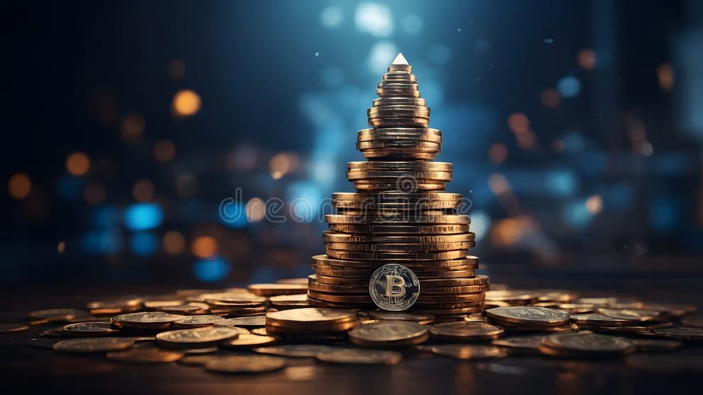 Crypto Coins Stacked in a Pyramid on a Table, Illuminated by Blue Light ...