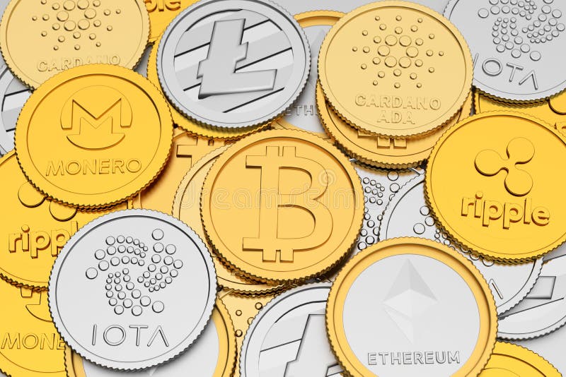 Crypto Currencies: 3D Render of a Heap of Bitcoin, Iota, Ethereum ... Crypto Currencies: 3D Render of a Heap of Bitcoin, Iota, Ethereum ...