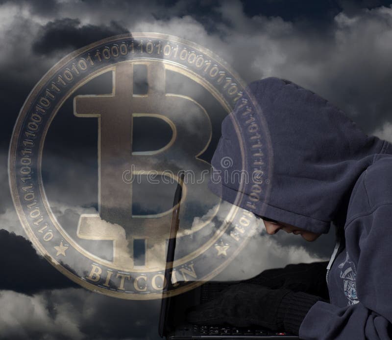 Crypto Hacker with Laptop and Bitcoin. Concept of Internet Criminal ...