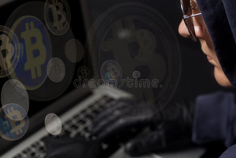Crypto Hacker with Laptop and Bitcoins . Concept of Internet Criminal ...