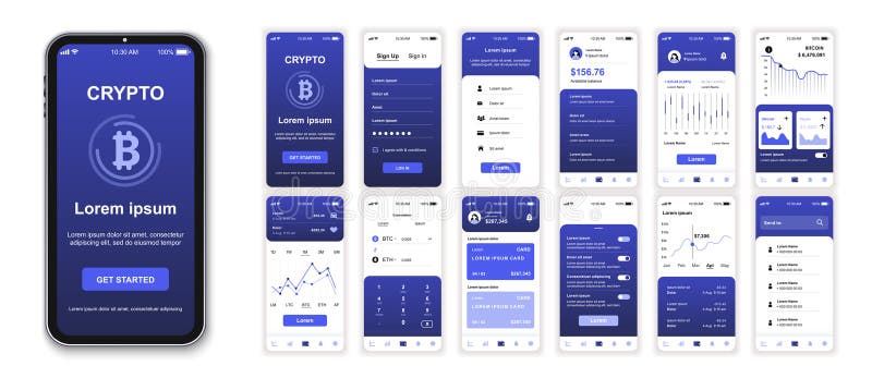 Crypto Mobile App Interface Screens Template Set. Vector Design. Stock ...