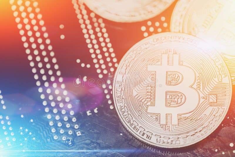 Cryptocurrency Bitcoin Coin in Blue and Orange Light Effect. Conceptual ...