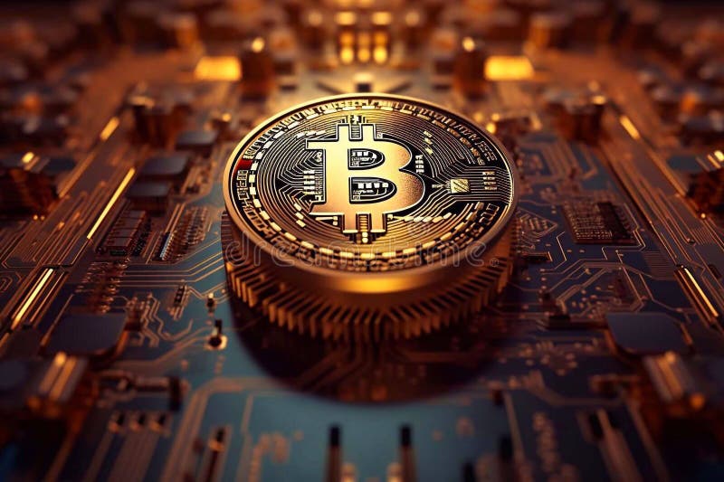 Cryptocurrency. Bitcoin Coin on Computer Board Stock Illustration ...