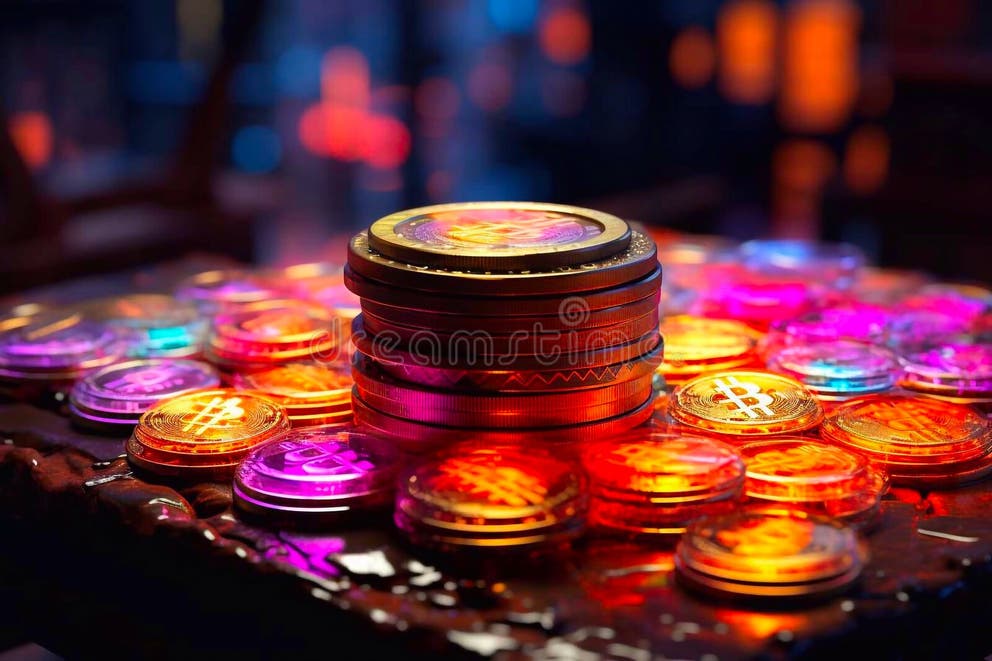 Cryptocurrency. Bitcoin Coins Lying on the Table Stock Illustration ...