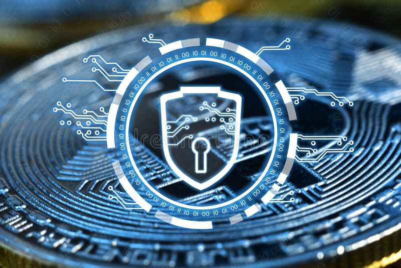 Cryptocurrency Bitcoin and Digital Shield with Lock Interface Stock ...