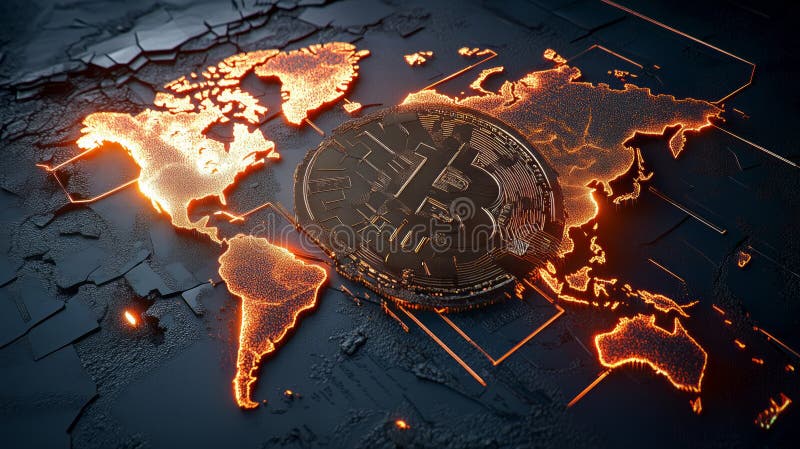 Cryptocurrency, Bitcoin Sign on Coin, on the World Map Background ...