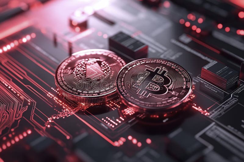 Cryptocurrency Coins Resting on a High-tech Circuit Board with a ...