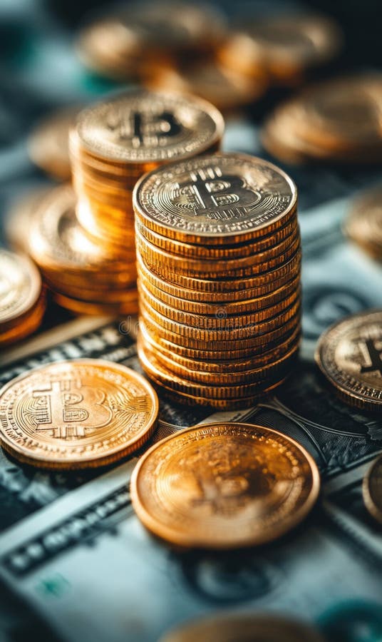 Cryptocurrency Coins Stacked on Banknotes in a Financial Setting Stock ...