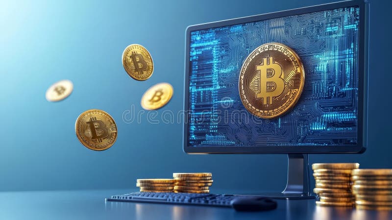 Cryptocurrency Concept Bitcoin Flying Around a Computer Monitor on Blue ...