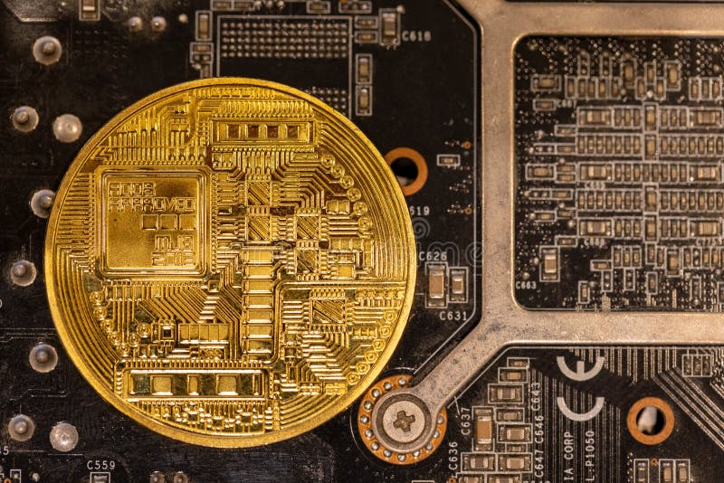 Cryptocurrency Concept - Gold Coin, Computer Circuit Board with Bitcoin ...