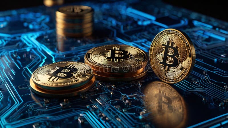 Cryptocurrency Digital Coins with the Bitcoin Logo, High-tech ...