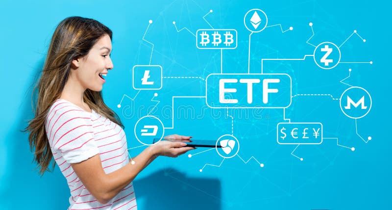 Cryptocurrency ETF Theme with Young Woman Using Tablet Stock Photo ...