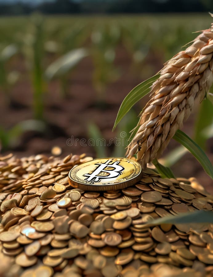 Cryptocurrency Harvest Bitcoin Rises from a Rice Paddy, Symbolizing the ...