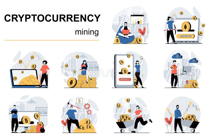 Cryptocurrency Mining Concept with Character Situations Mega Set. Vector Illustrations Stock ...