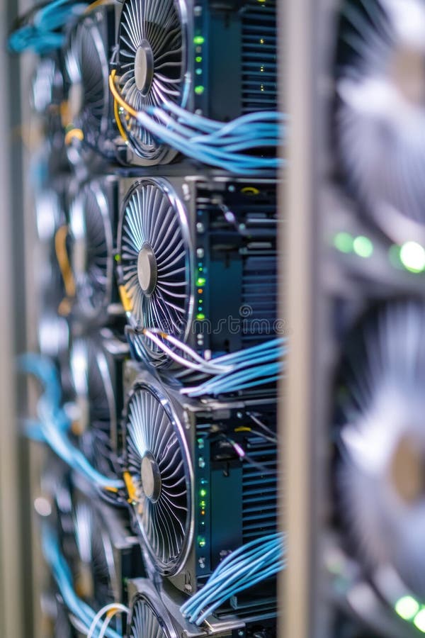 Cryptocurrency Mining Farm with Cooling Fans Running and Cables Connected Stock Photo - Image of ...