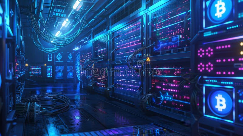 Cryptocurrency Mining Farm Interior Illuminated at Night Stock Photo ...