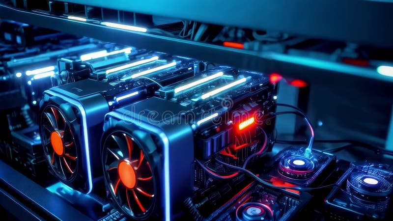 Cryptocurrency Mining Rig with Glowing GPU Lights in a Dark Server Room ...