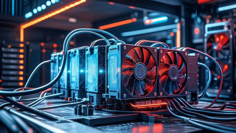 Cryptocurrency Mining Rig with Glowing GPU Lights in a Dark Server Room ...