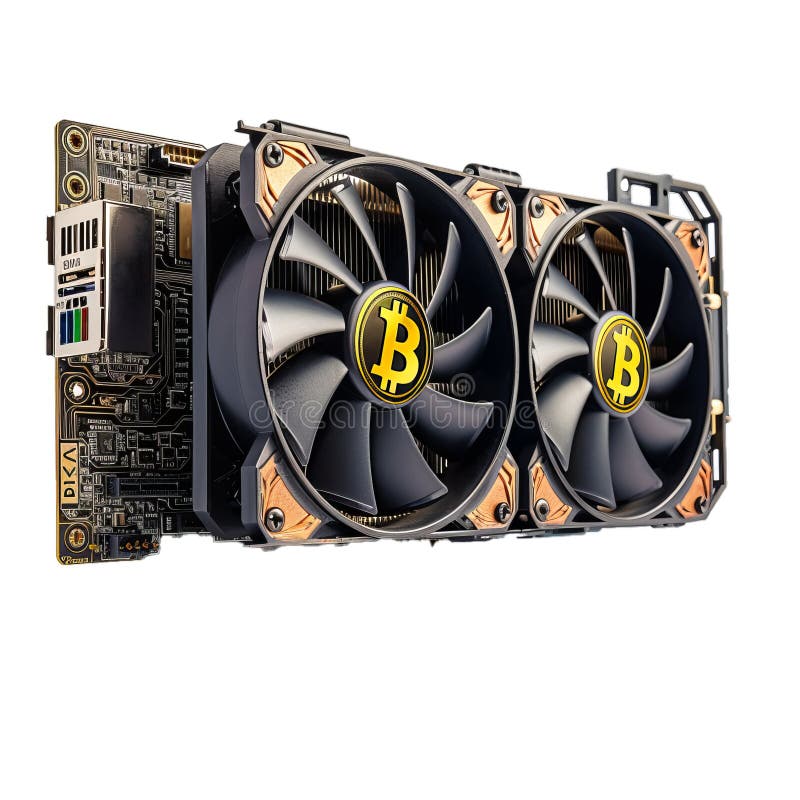 Cryptocurrency Mining Rig with Bitcoin Logo on Graphic Cards Cooler Fan ...