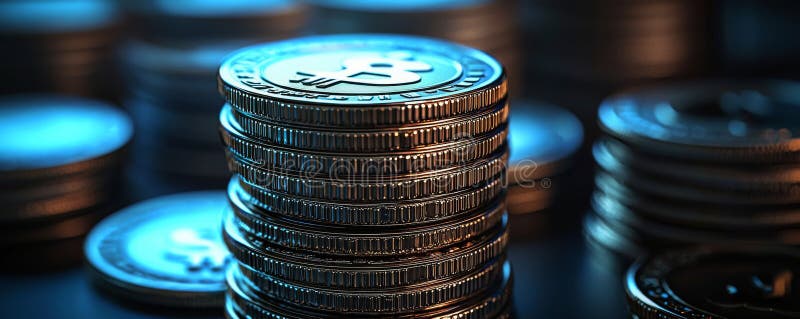 Cryptocurrency Stacked Coins - Close-up of a Stack of Silver Coins with ...