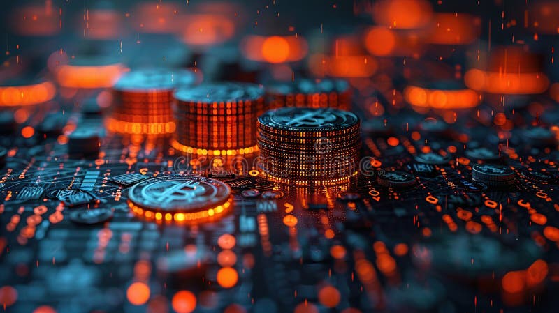 Cryptocurrency Stacks on Circuit Board Stock Illustration ...