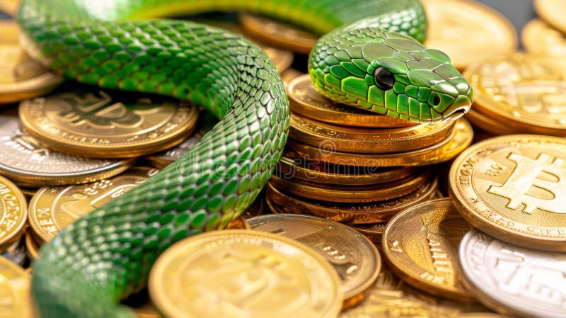 Cryptocurrency Threat: Green Snake Slithering Over Bitcoin Pile Stock ...