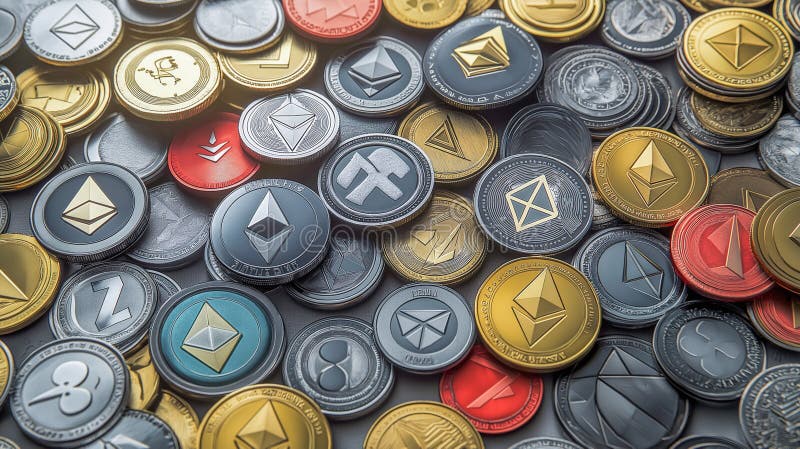 Cryptocurrency Tokens Featuring Various Designs Piled Together on a ...