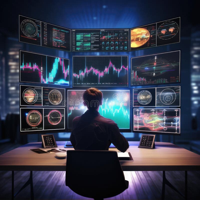 Cryptocurrency Trader Sitting at Computers Stock Illustration ...