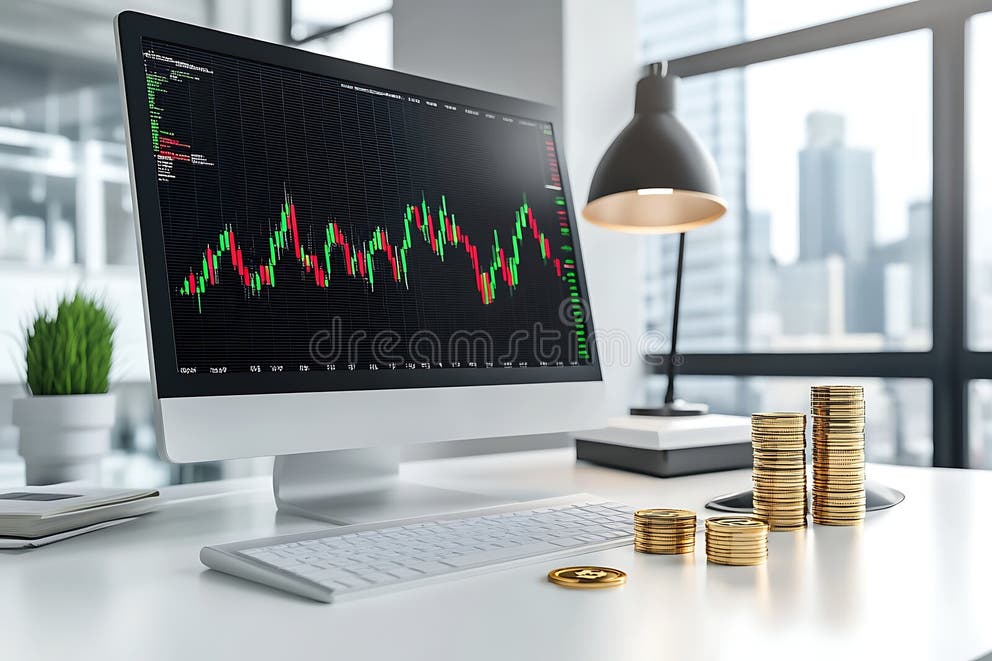 Cryptocurrency Trading Desk Setup with Candlestick Chart Stock Photo ...