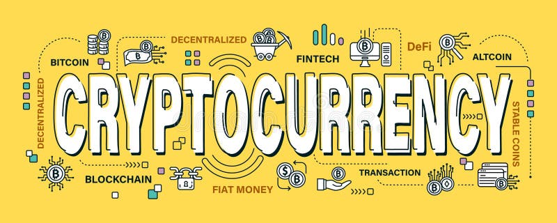 Cryptocurrency . Word and Outline Icon on Solid Color Background ...