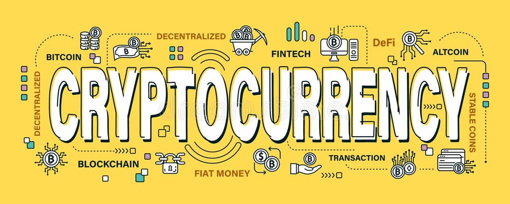 Cryptocurrency . Word and Outline Icon on Solid Color Background ...