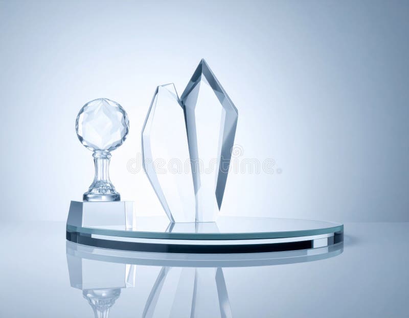 Crystal Awards on Glass Podium, Blue Background Stock Illustration ...