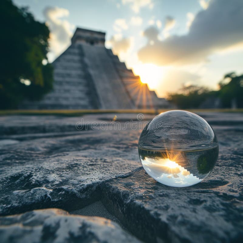 Crystal Ball in Front of Ancient Pyramid at Sunset Stock Illustration ...