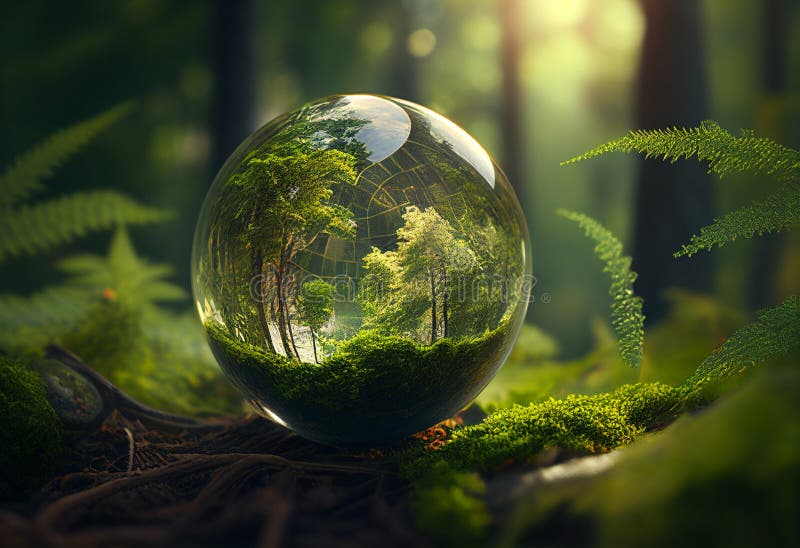 Crystal Ball in Green Forest with Ferns. 3D Rendering Generative Ai ...