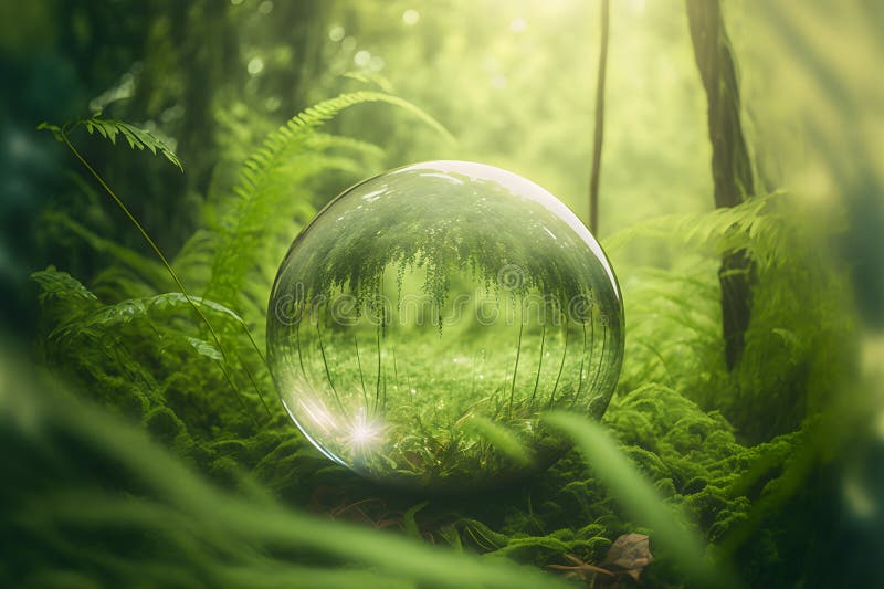 Crystal Ball on Green Grass with Reflection of Green Vegetation Inside ...