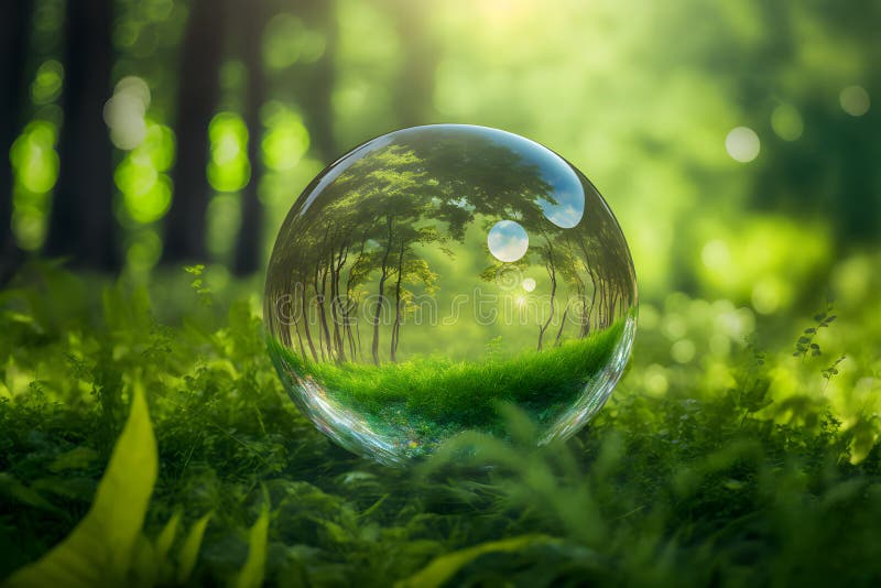 Crystal Ball on Green Grass with Reflection of Green Vegetation Inside ...