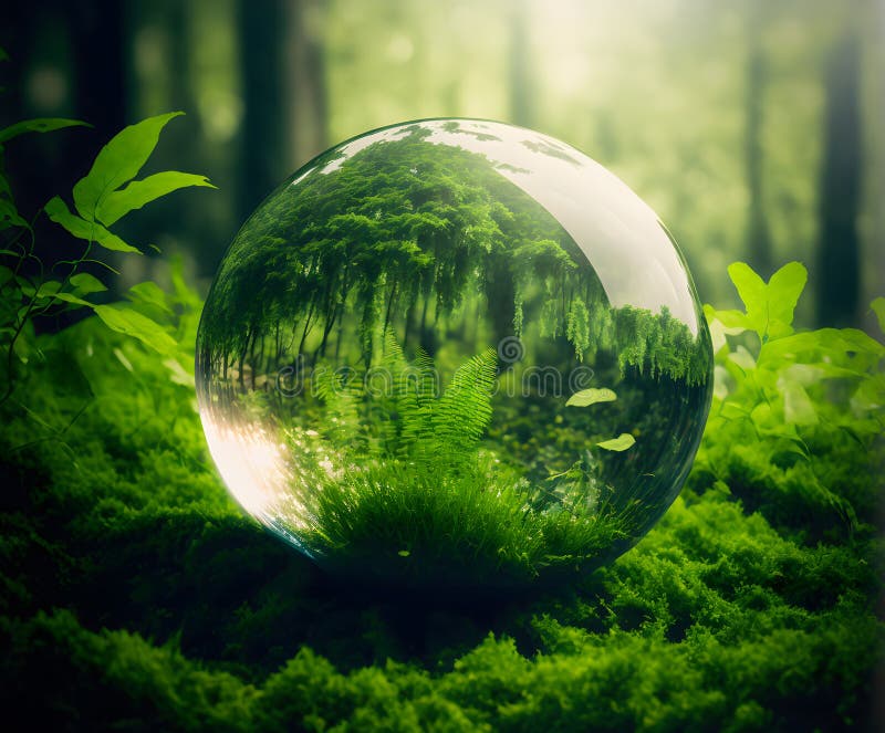 Crystal Ball on Green Grass with Reflection of Green Vegetation Inside ...