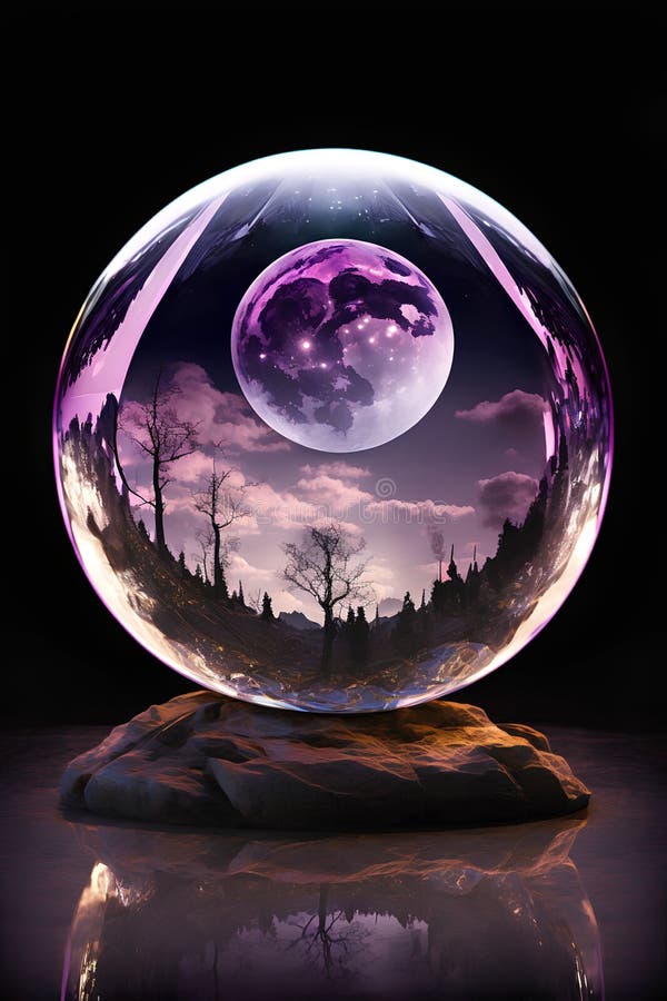 Magic Crystal Ball with Full Moon and Tree. 3D Illustration Stock ...