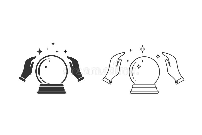 Crystal Ball Magic Line Icon Set with Hands. Vector Logo Template Stock ...