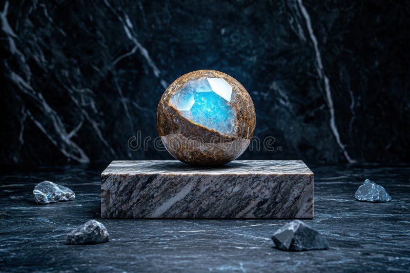 A Crystal Ball on a Marble Pedestal with Scattered Rocks. Stock ...