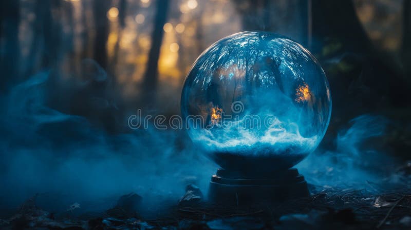 Crystal Ball in a Mystical Forest Setting with Blue Smoke and a Glimpse ...