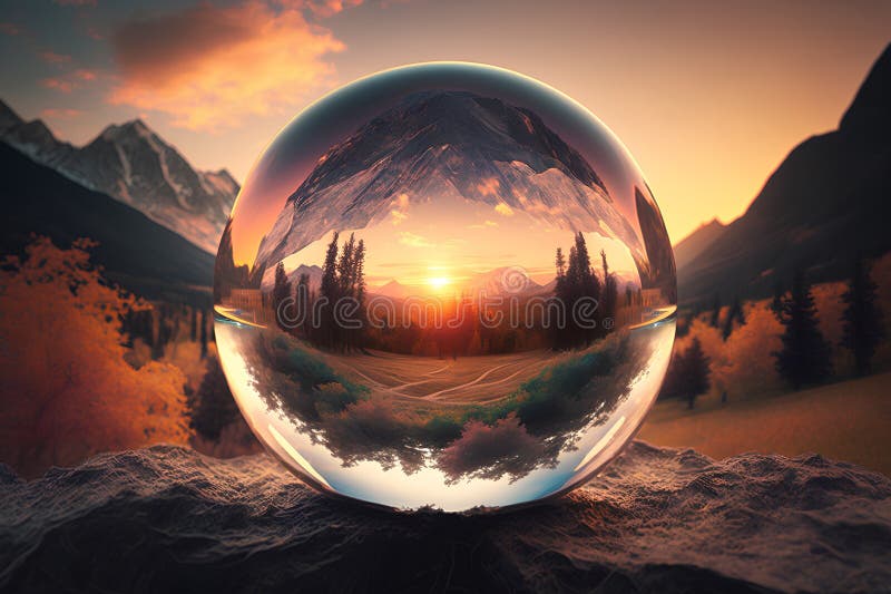 Crystal Ball with Nature Landscape and Sunset. 3D Rendering Stock ...