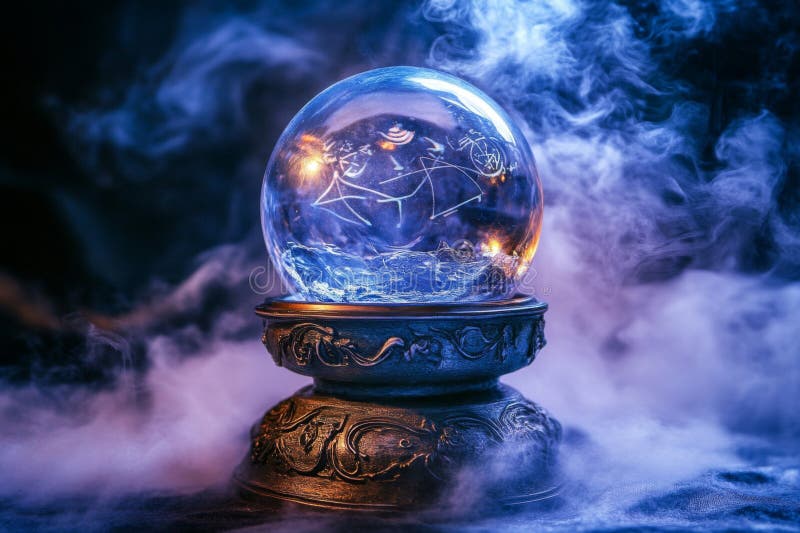 A Crystal Ball on an Ornate Stand with Blue Smoke Stock Illustration ...