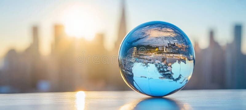 Crystal Ball Reflecting Cityscape and Sky, Symbolizing Global Issues ...