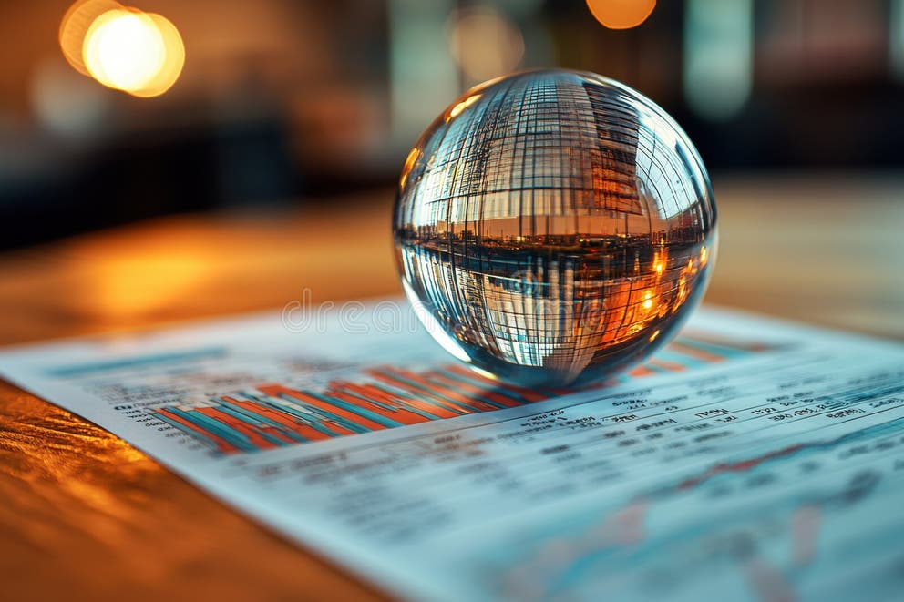 Crystal Ball Reflecting Financial Charts and Graphs on Table Stock ...