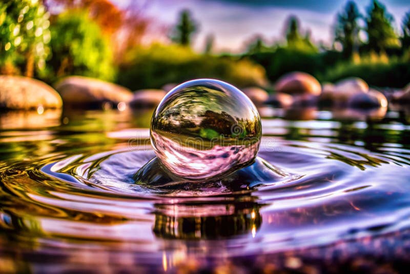 Crystal Ball Reflecting Nature in Calm Water with Ripples Stock ...