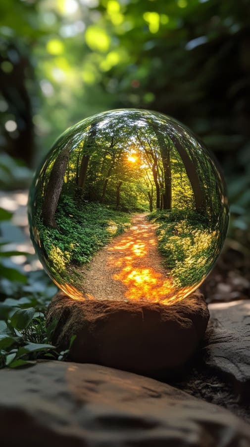 Crystal Ball Reflecting Sunlit Forest Path on Rock Stock Image - Image ...