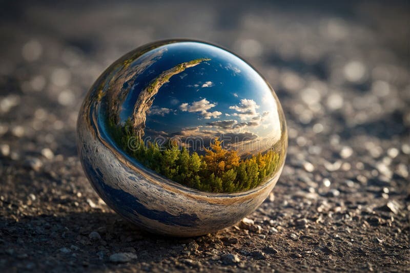 Crystal Ball with the Reflection of the Forest in it on the Asphalt ...