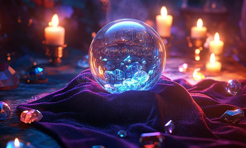 A Crystal Ball Sits on a Table with Candles and Other Objects. the ...