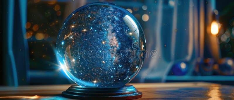A Crystal Ball with a Starry Night Sky Inside it Sits on a Table Stock ...